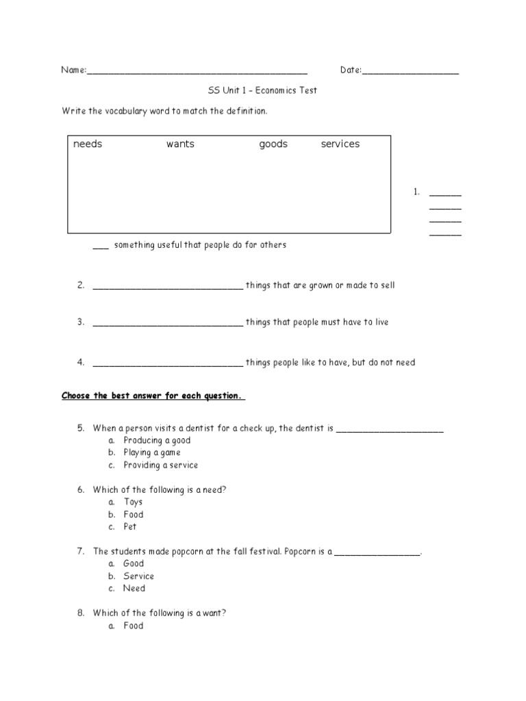 Needs vs. Wants Economics Quiz | PDF
