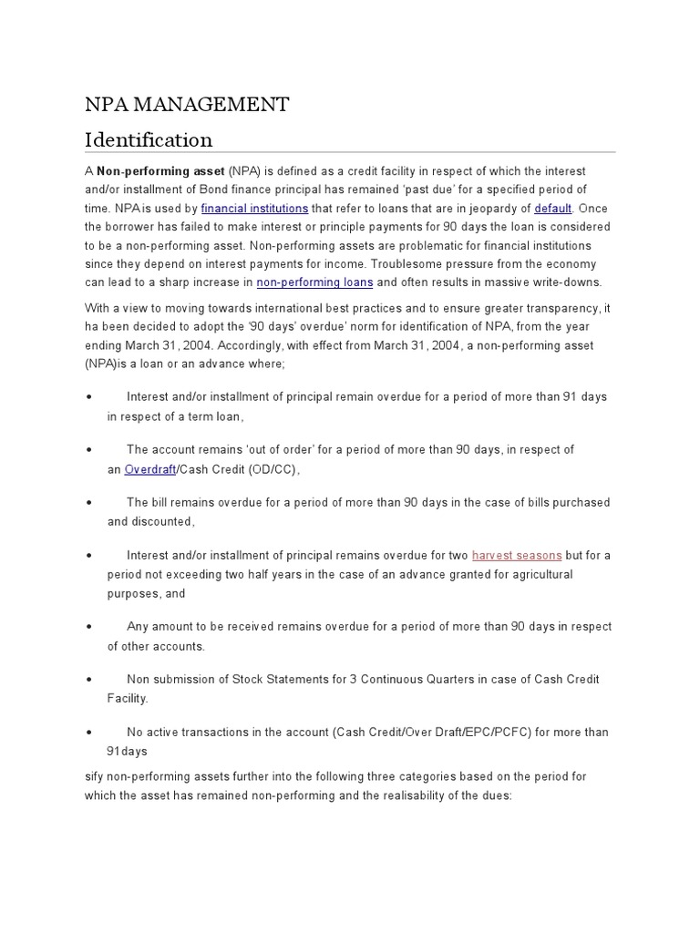Npa Management Identification: Financial Institutions Default | PDF ...