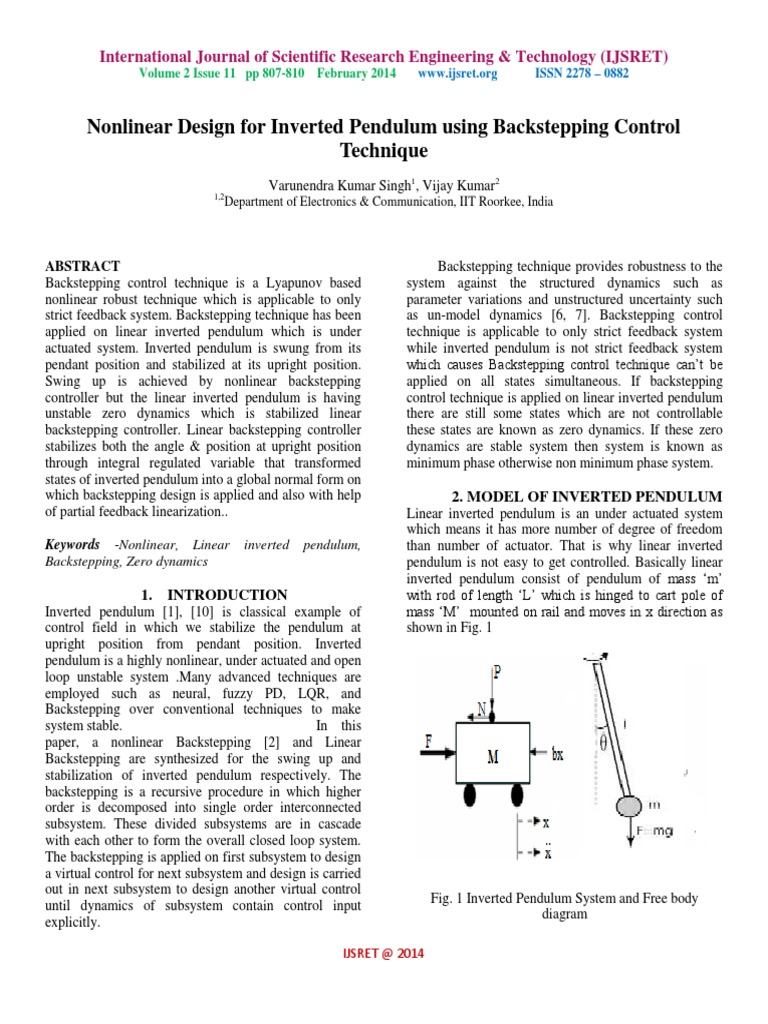 Nonlinear Design For Inverted Pendulum Using Backstepping Control Techniquec | PDF | Nonlinear ...