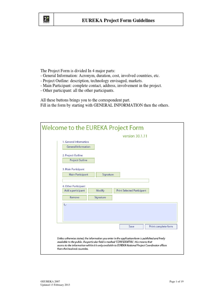 EUREKA Project Form Guidelines: ©EUREKA 2007 Page 1 of 19 Updated 13 ...