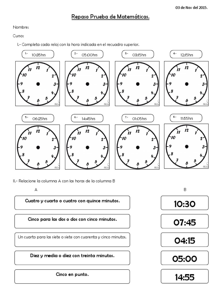 Ejercicios de Reloj para Primaria | PDF | Calendario | Agitación