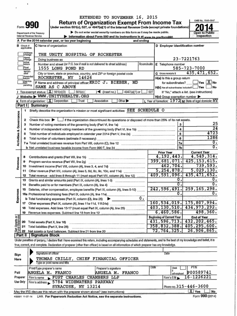 Unity Hospital 2014 Form 990 | PDF
