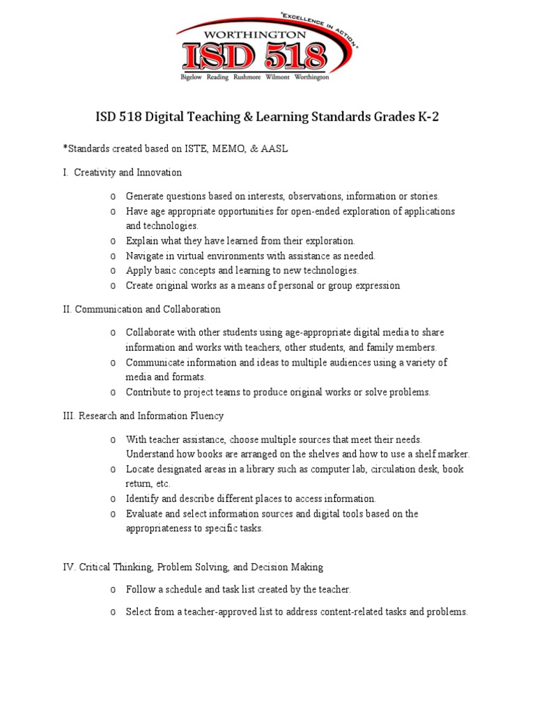 K-2 Digital Learning Standards Guide | PDF | Communication | Cognition