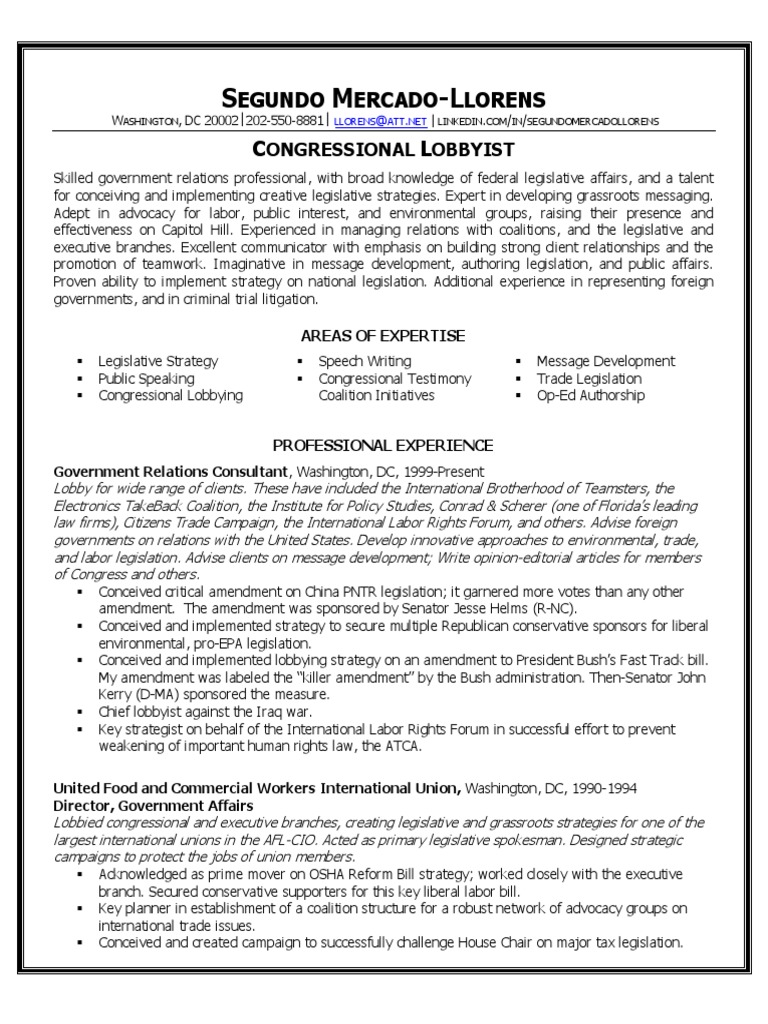 VP Government Affairs Relations in Washington DC Resume Segundo Mercado ...