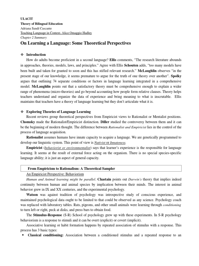 Chapter 2 Summary | PDF | Language Acquisition | Classical Conditioning