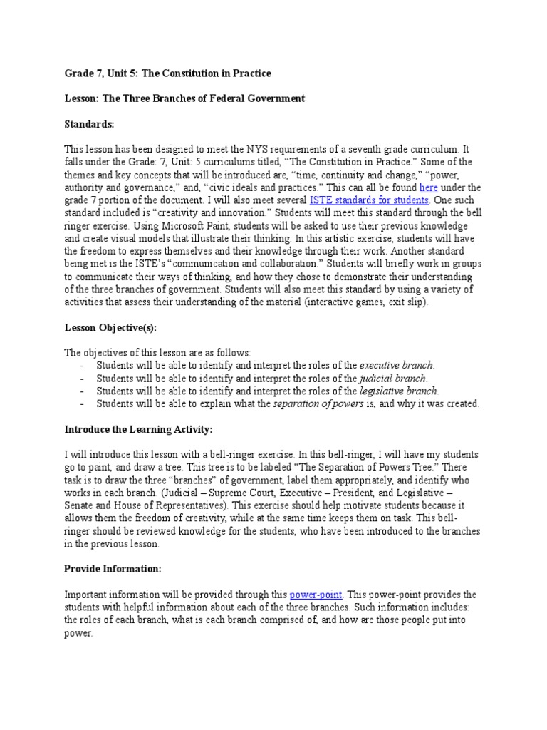 Grade 7: Three Branches of Government Lesson | PDF | Separation Of ...