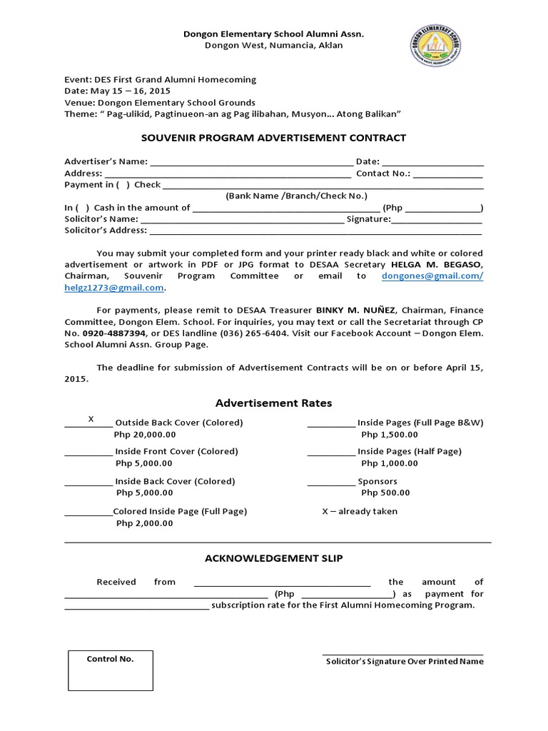 Souvenir Program Advertisement Contract: Dongon Elementary School ...
