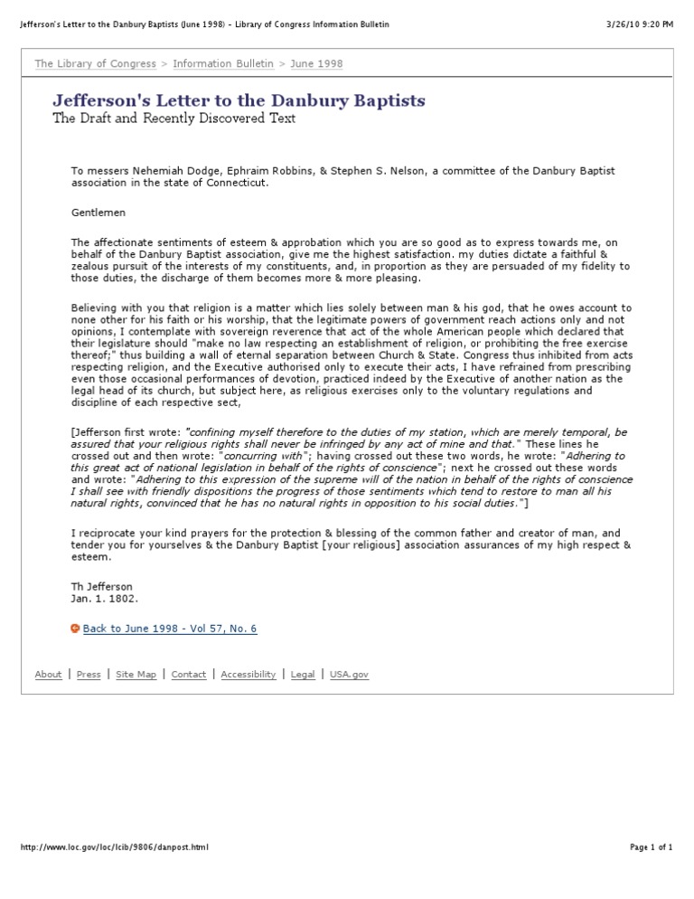 Jefferson's Letter To The Danbury Baptists The Draft and Recently ...