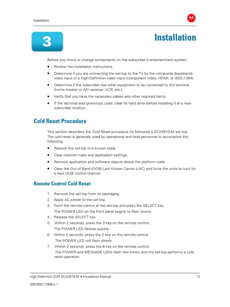 Cold Reset STB Motorola Dcx3510-m | PDF | Set Top Box | Manufactured Goods