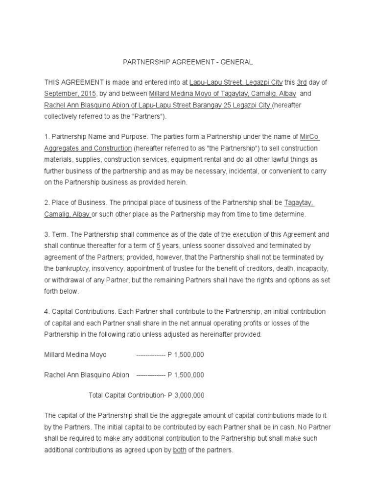 General Partnership Agreement Sample | PDF | Partnership | Bail