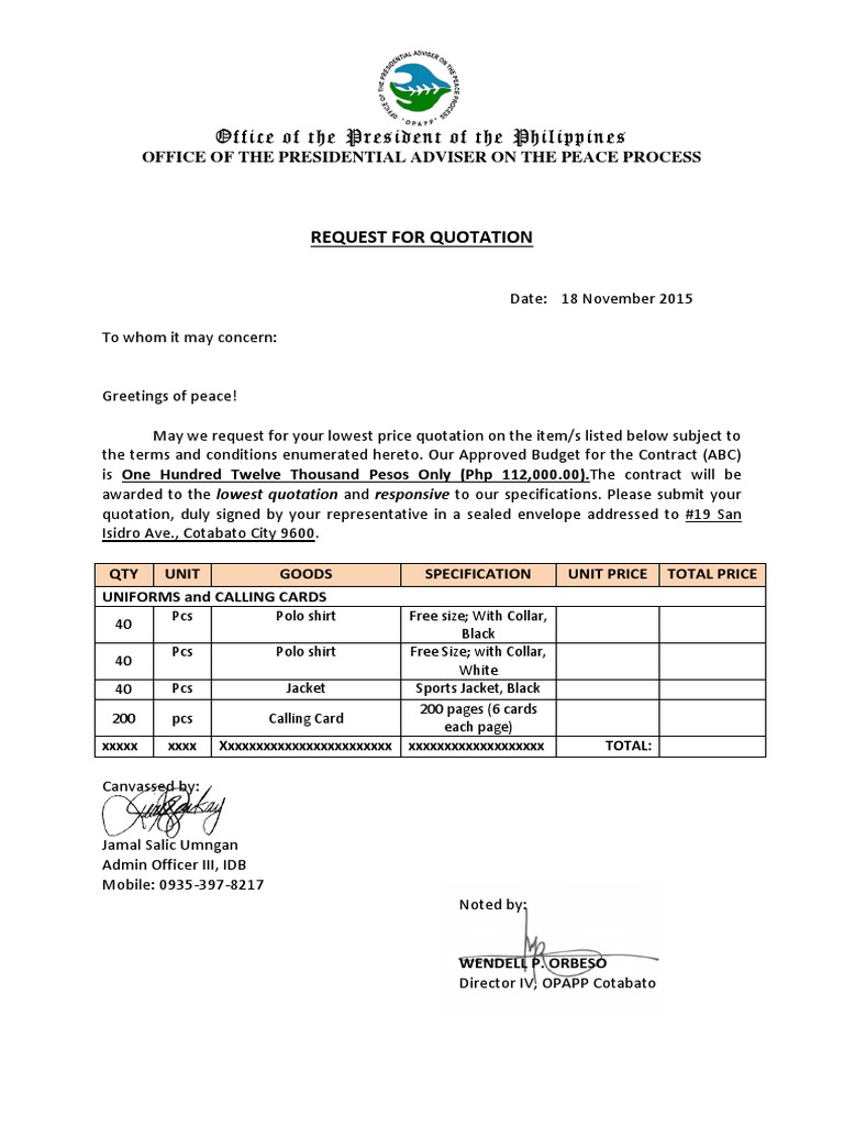 Request For Quotation: Uniforms and Calling Cards | PDF | Finance ...