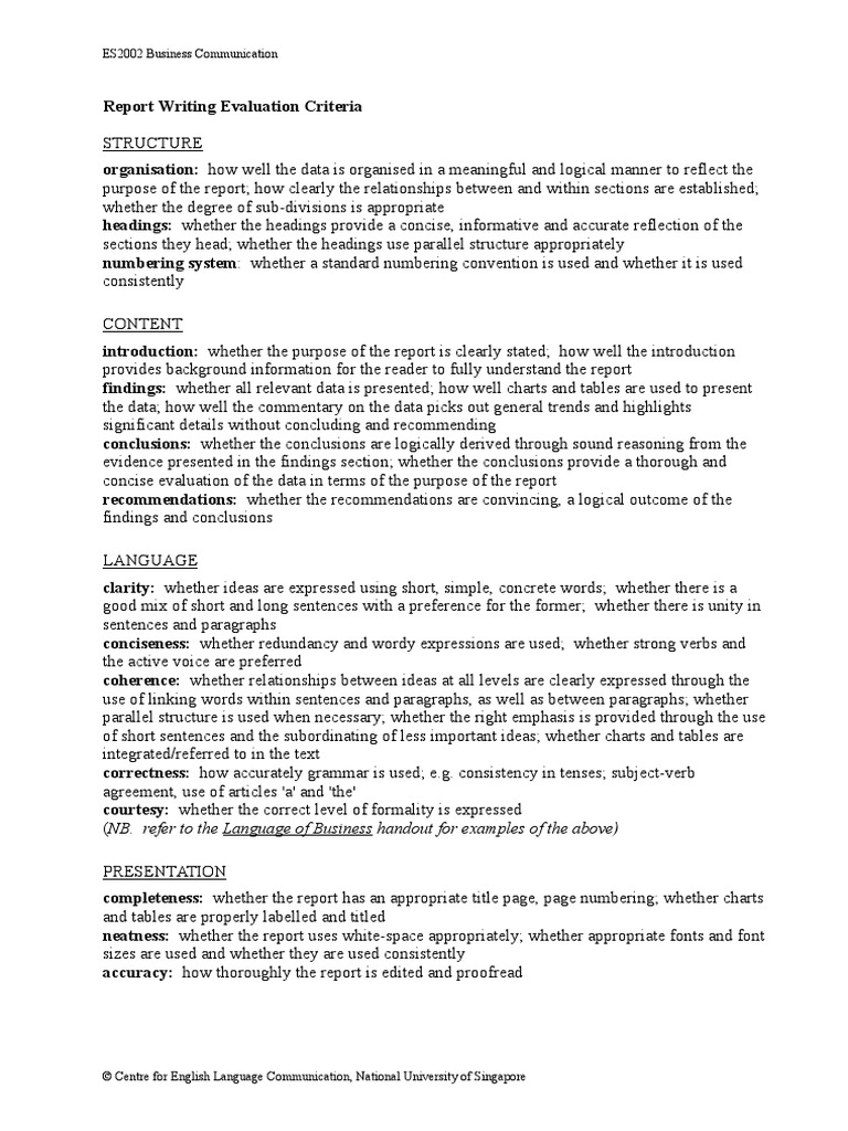 Evaluation Criteria - Report Writing | PDF | Paragraph | Evaluation