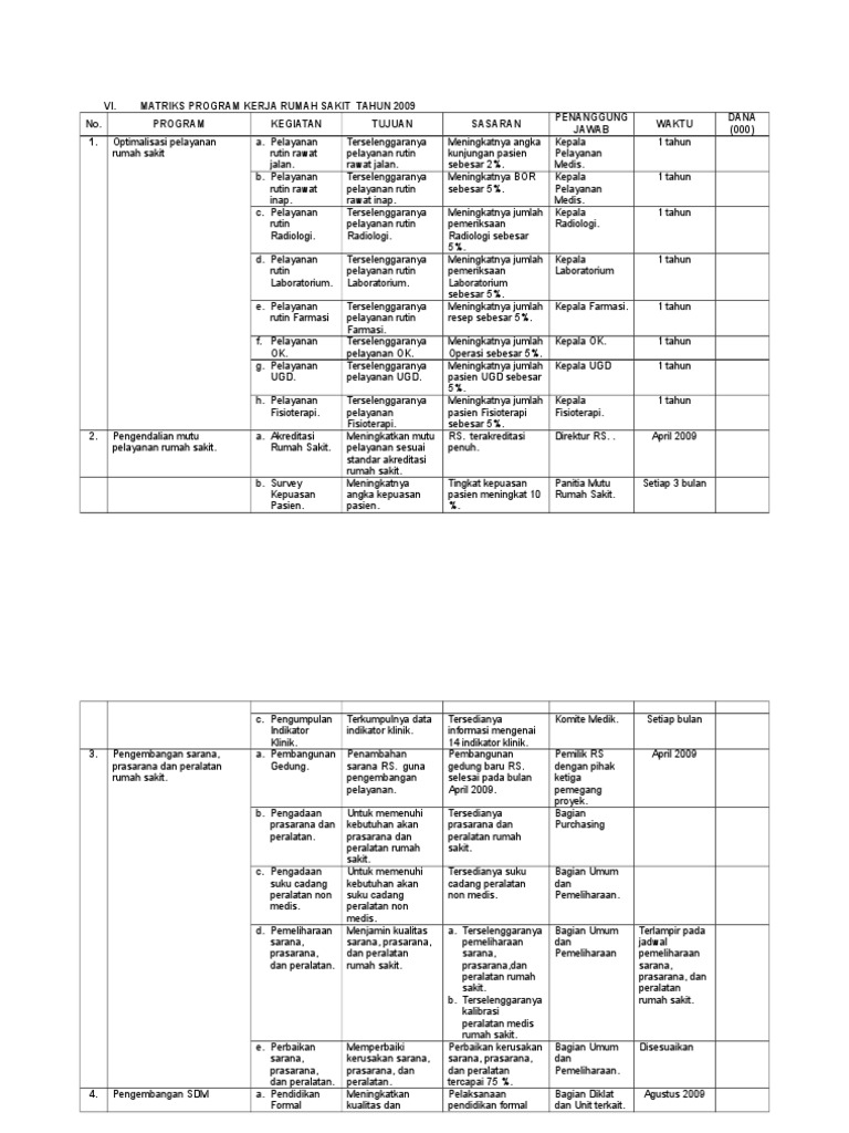 Matriks Program Kerja Rumah Sakit | PDF