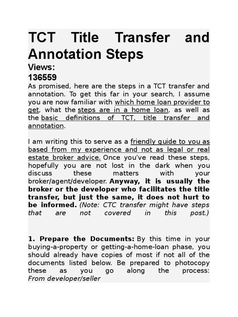 TCT Title Transfer and Annotation Steps | PDF | Receipt | Taxes
