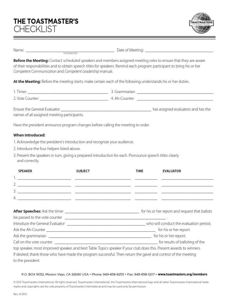 1114 The Toastmasters Checklist | PDF