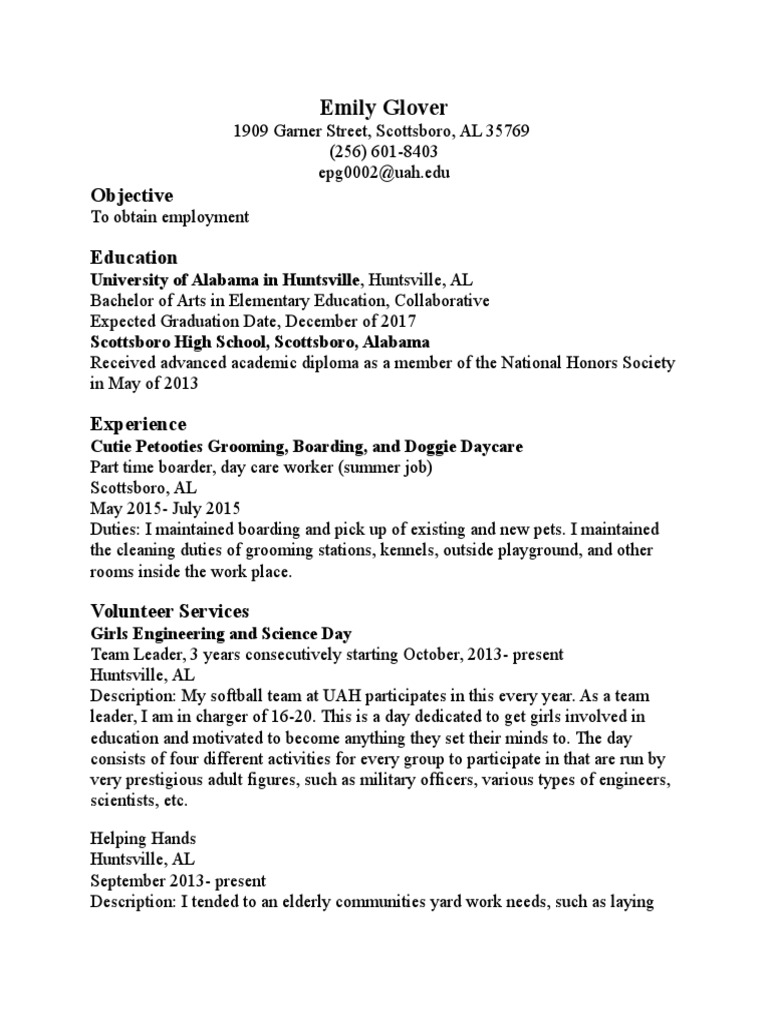 Emily Glover's Resume: Education & Experience | PDF