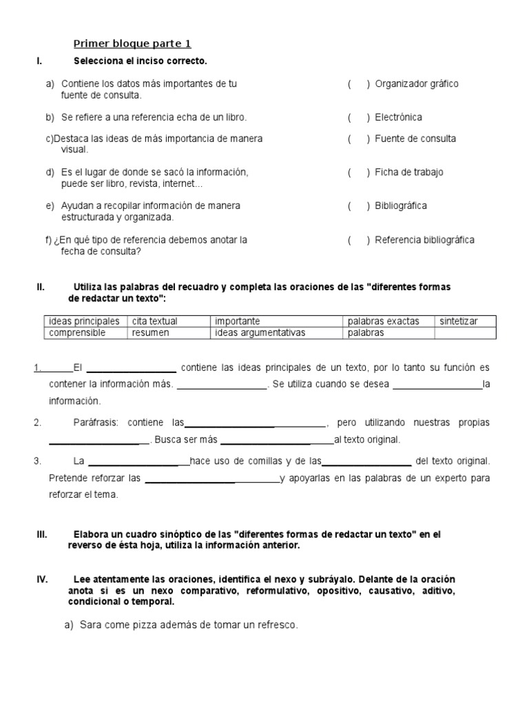 examen Español primero secundaria