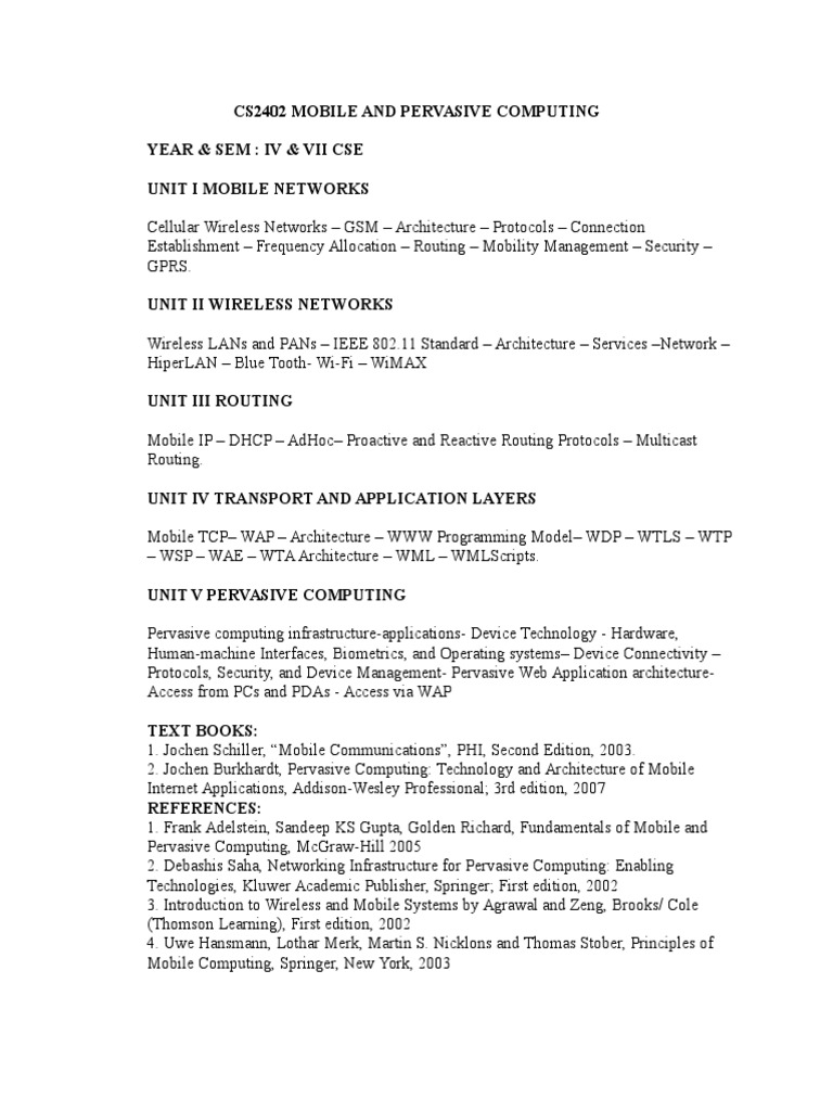Cs2402 Mobile and Pervasive Computing Year & Sem: Iv & Vii Cse Unit I ...