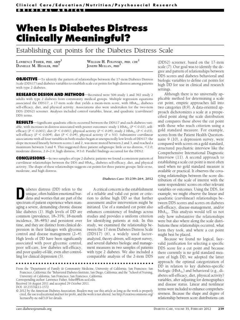 When Is Diabetes Distress Clinically Meaningful?: Establishing Cut ...