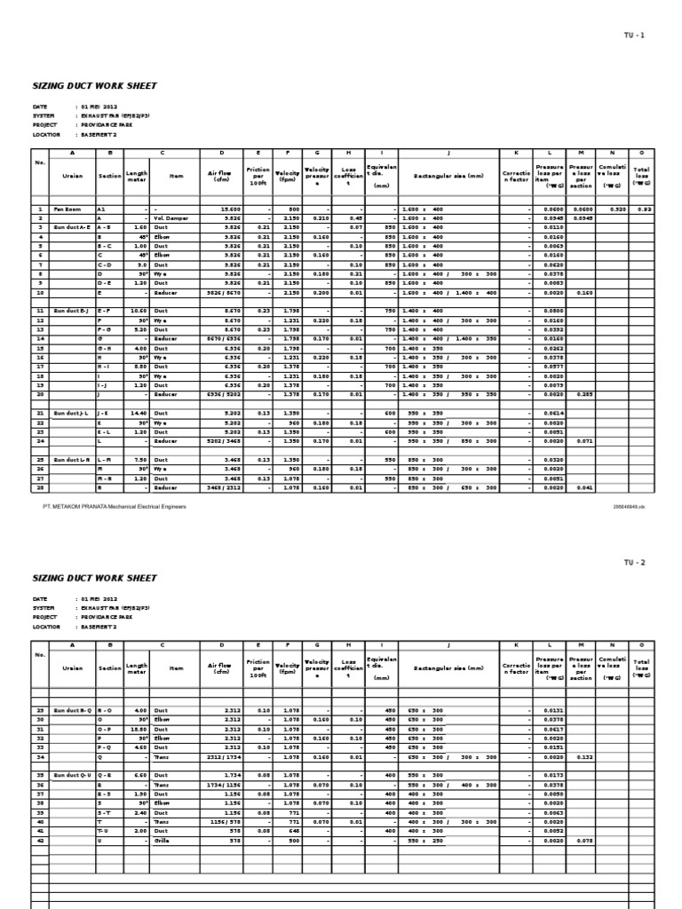 Sizing Duct Work Sheet