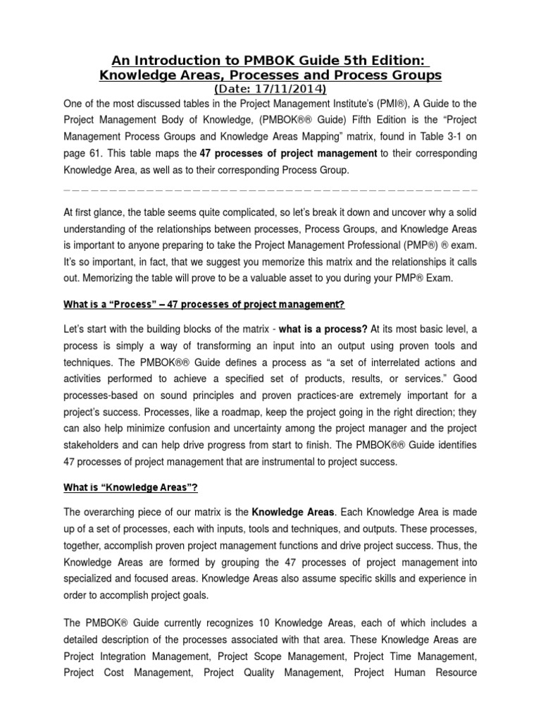 An Introduction To PMBOK Guide 5th Edition Knowledge Areas and Process ...