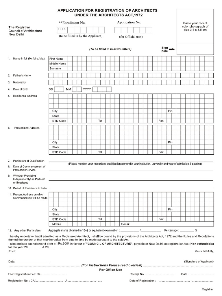 Application Form For Registeration For Architects | PDF | Academic ...