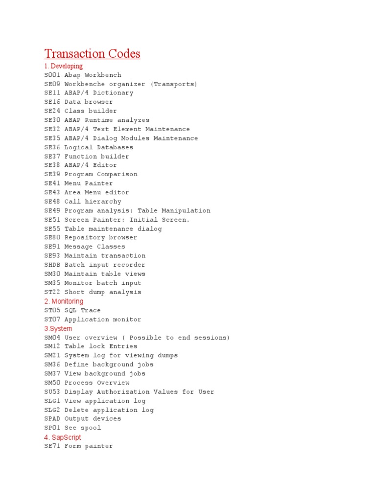 SAP Transaction Codes | PDF