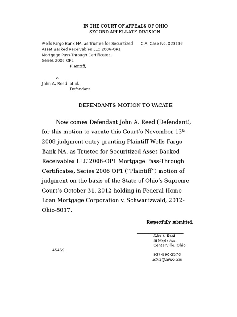 Motion To Vacate Rev2 | PDF | Standing (Law) | Lawsuit