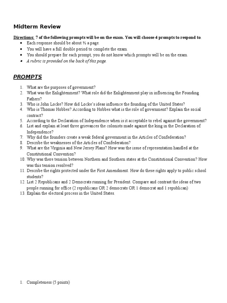 Midterm Exam Review: U.S. Government Concepts | PDF