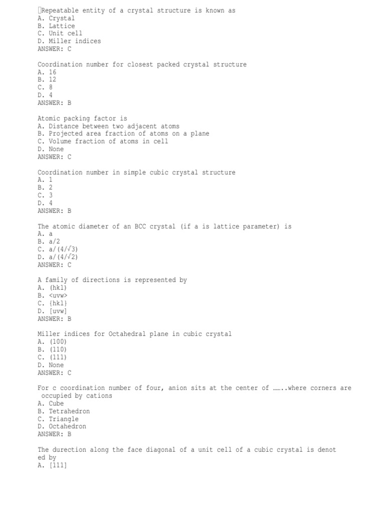 MCQ Materials Science | PDF | Crystal Structure | Biophysics