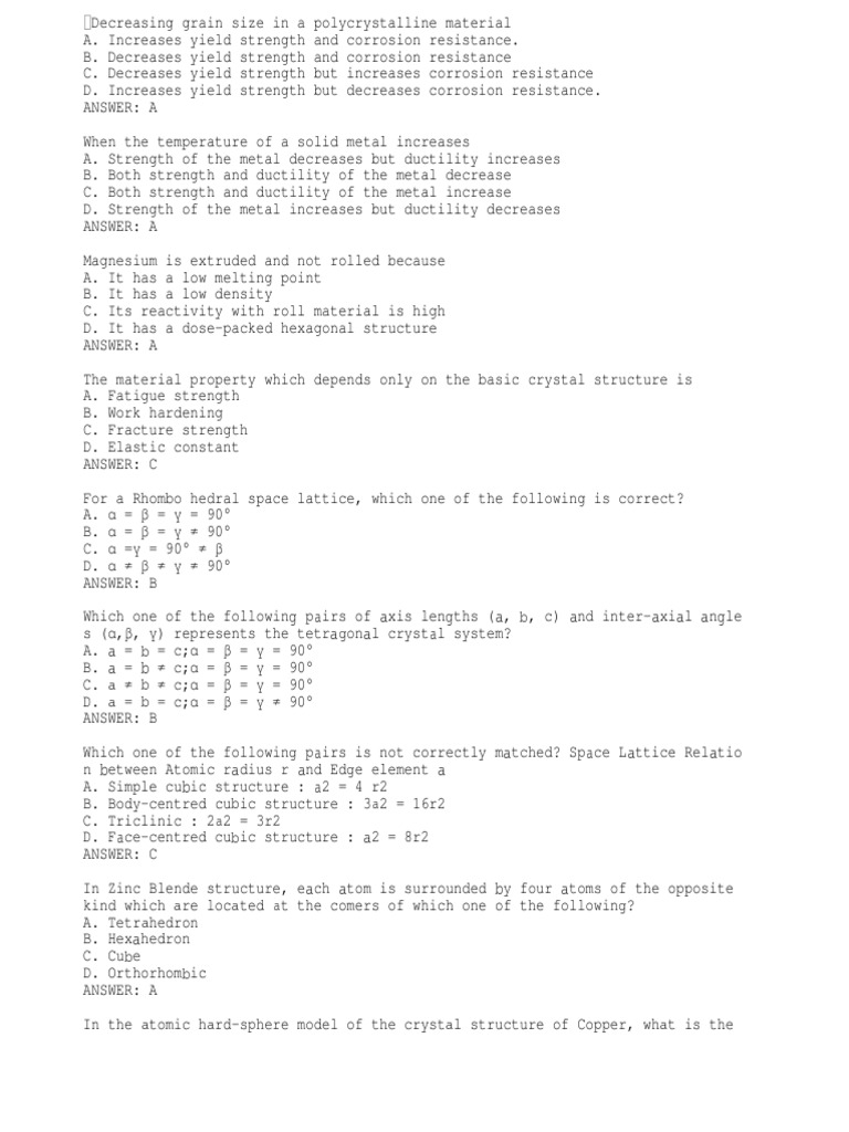 MCQ Materials Science Part1 | PDF | Strength Of Materials | Yield ...