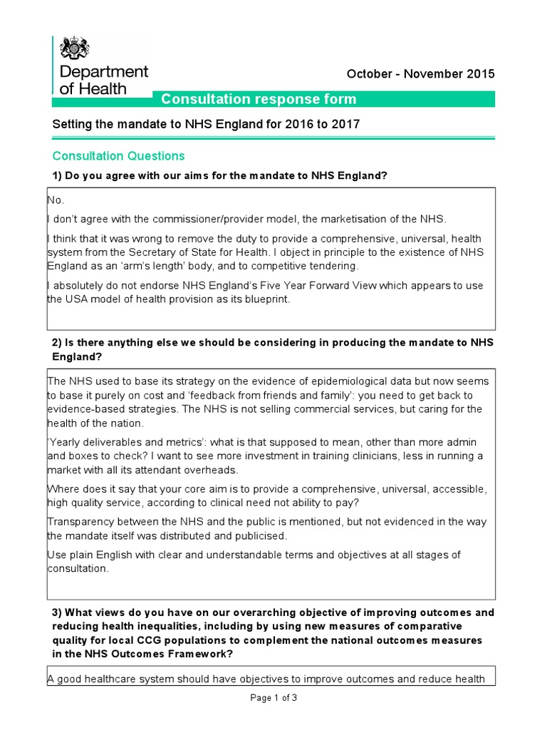 NHS Consultation Response Form | PDF | National Health Service | Public ...