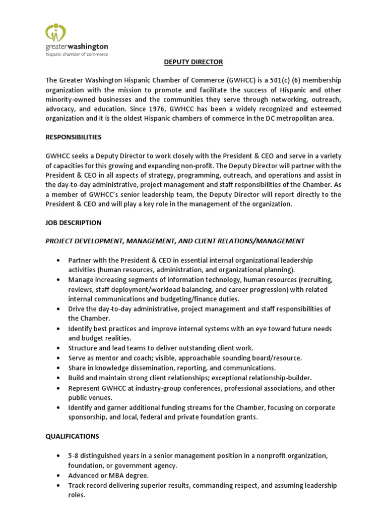 Job Description - Deputy Director 2015 | PDF | Chief Executive Officer ...