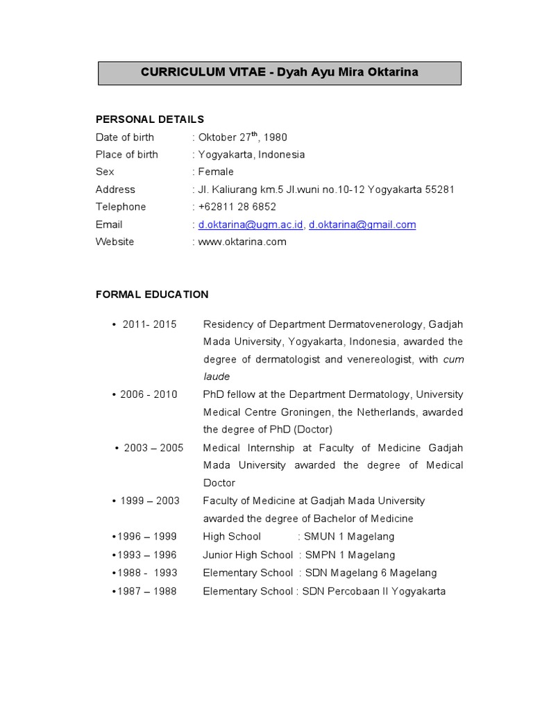 CURRICULUM VITAE - Dyah Ayu Mira Oktarina: Personal Details | PDF | Dermatology | Epidemiology