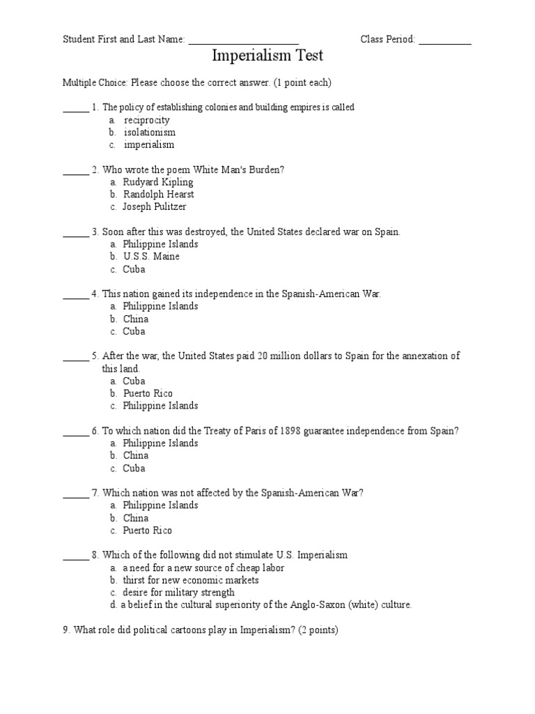 Imperialism Test | PDF | Imperialism | Foreign Policy