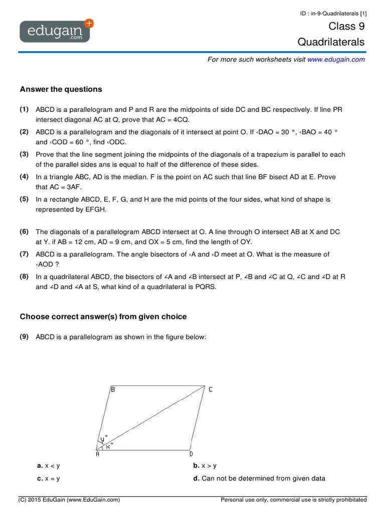 Quadrilaterals Worksheet Grade 9