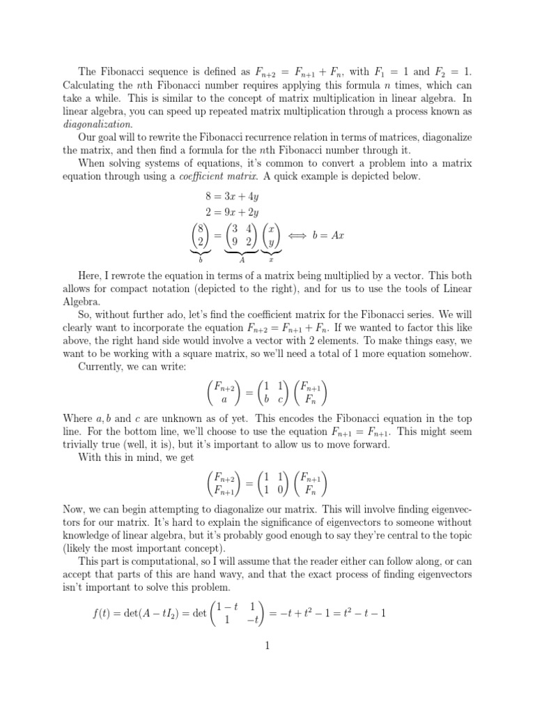 Fibonacci Sequence Through Linear Algebra | PDF | Matrix (Mathematics ...