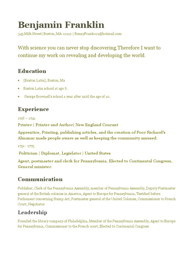 Benjamin Franklin: Life and Achievements | PDF | Benjamin Franklin ...