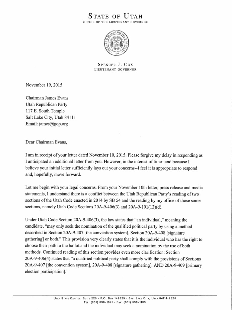 Utah Lieutenant Governor Spencer Cox Letter 11.19.2015