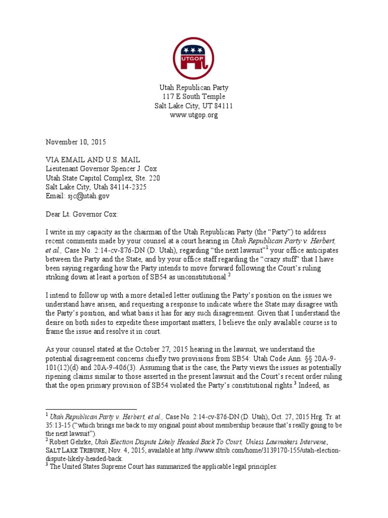 Utah Republican Party Chair James Evans Letter, 11.10.2015 | PDF | Utah ...