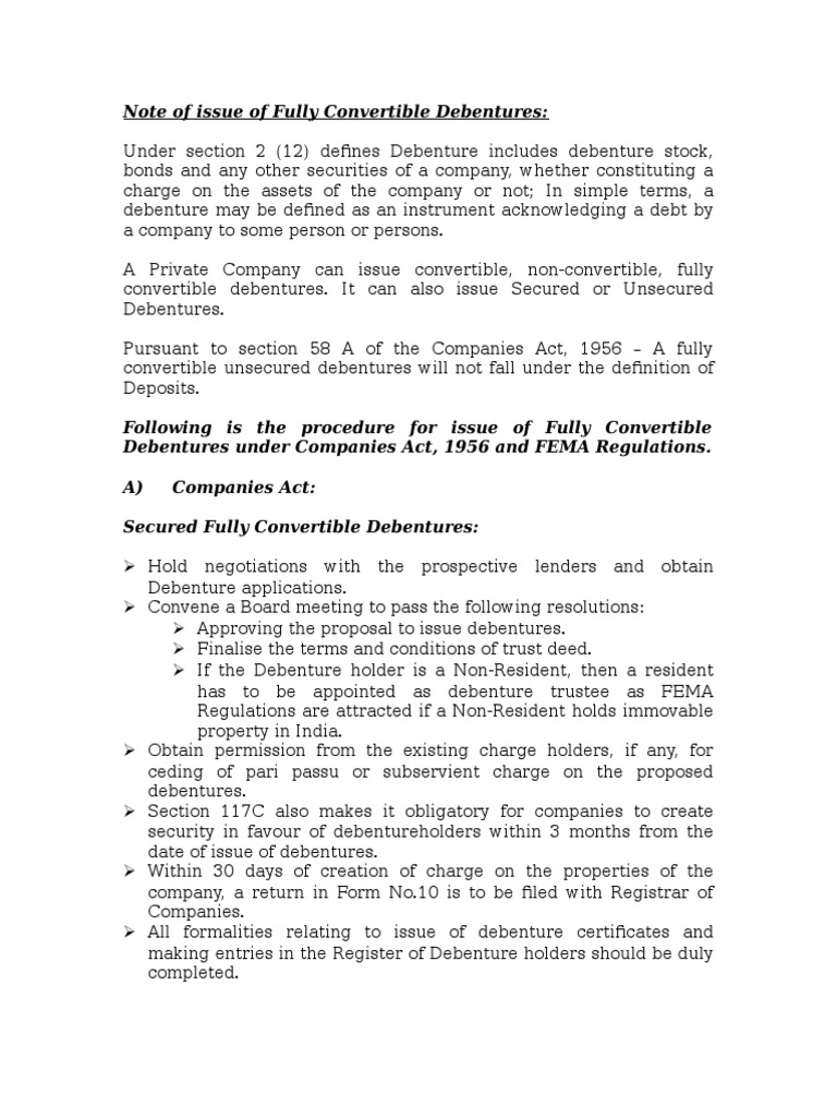 Note of Issue of Fully Convertible Debentures | PDF | Debenture ...