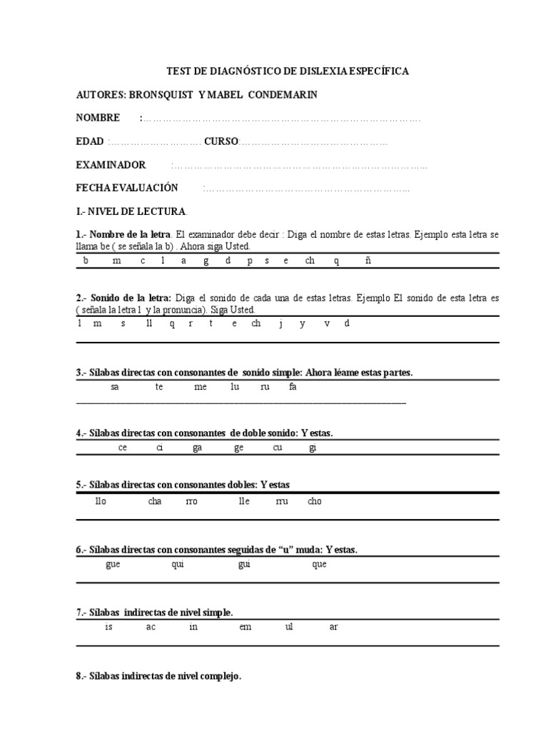Test de Dislexia Pede Con Indicaciones | Lectura (proceso) | Texto