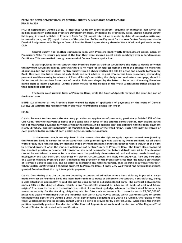 Premiere Development Bank Vs Central Surety | PDF | Promissory Note | Banks
