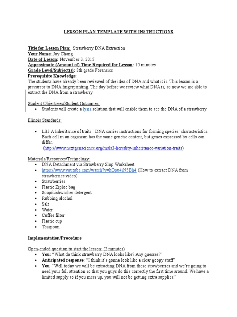 Strawberry DNA Extraction Lesson Plan | PDF | Dna | Lesson Plan