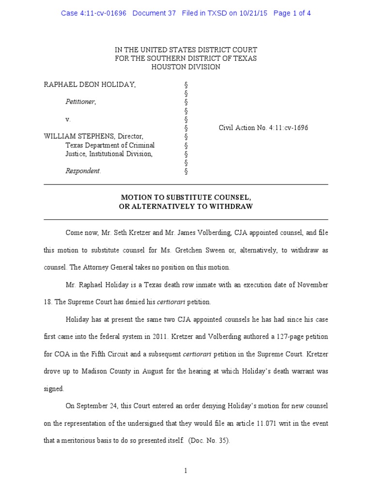 37 Holiday Kretzer Motn Subst Counsel | PDF | Certiorari | Supreme ...