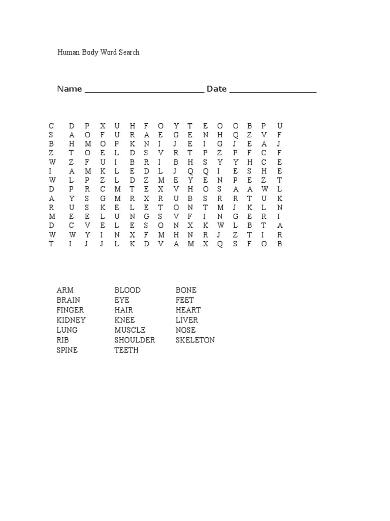 Human Body Word Search | PDF | Wellness