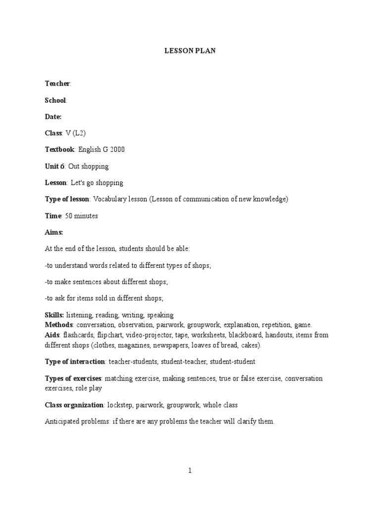 Lesson Plan Shopping | PDF | Lesson Plan | Vocabulary