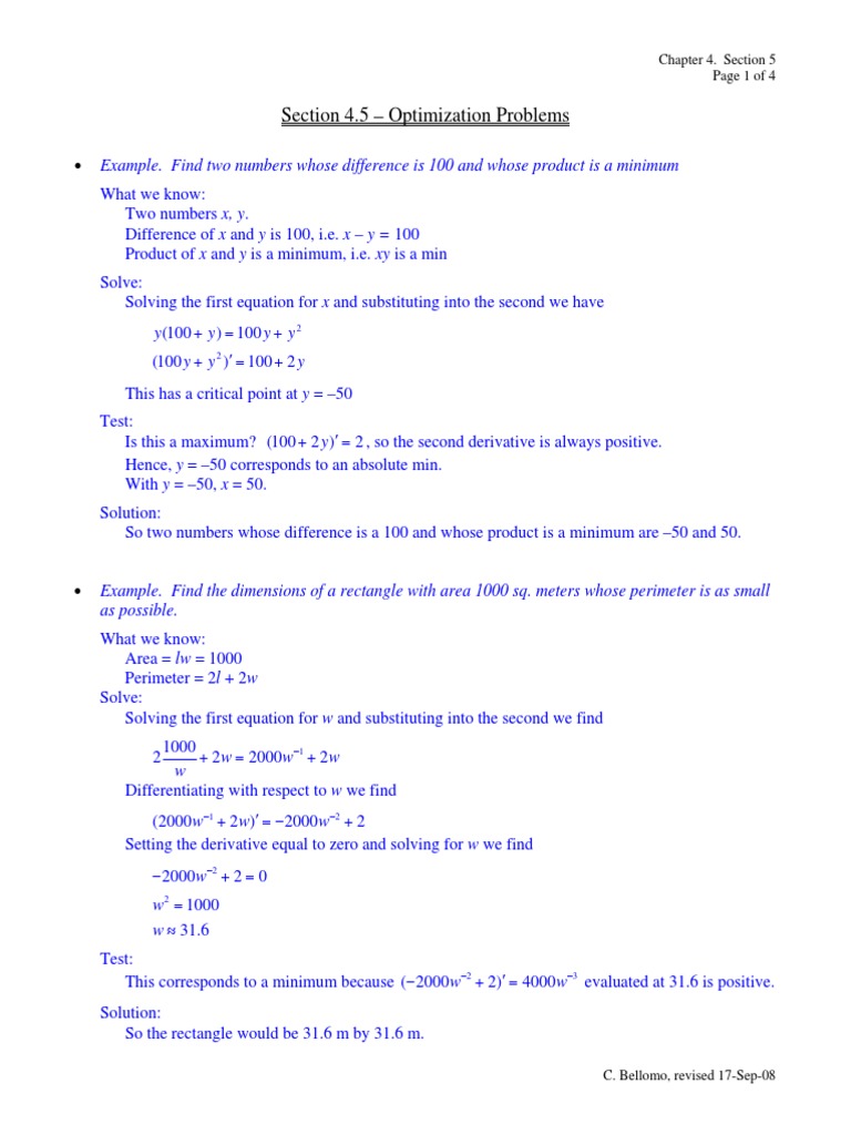 Section 4.5 - Optimization Problems: Example. Find Two Numbers Whose Difference Is 100 and Whose ...