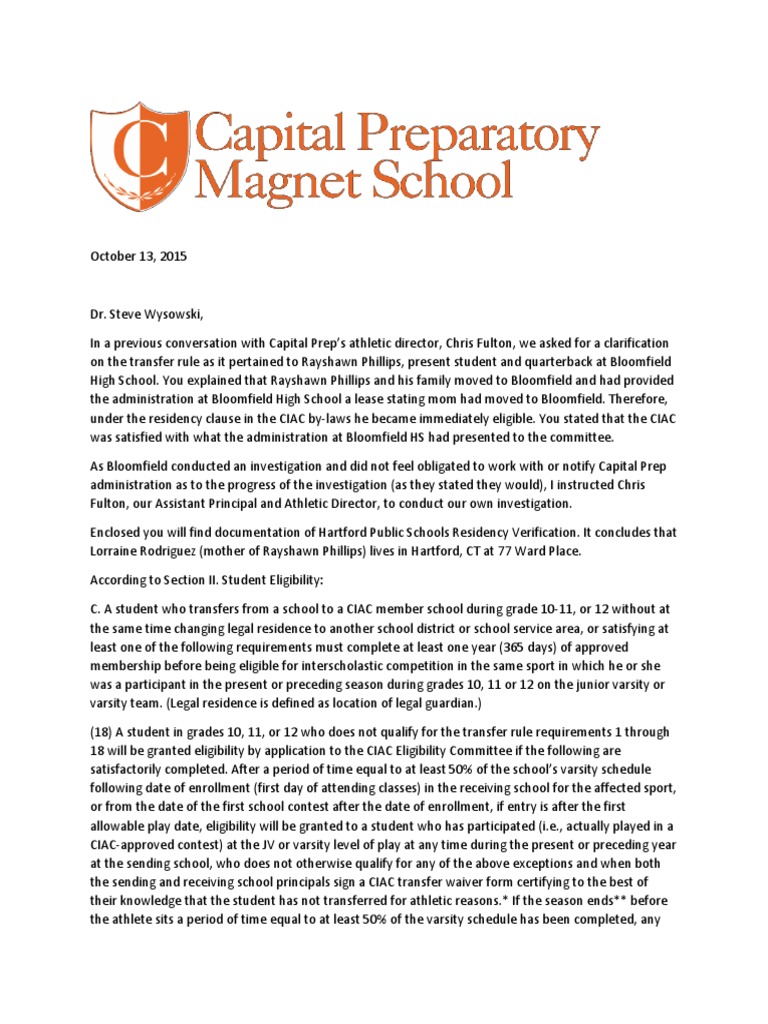 Capital Prep Phillips Letter To CIAC | PDF | Government Information ...