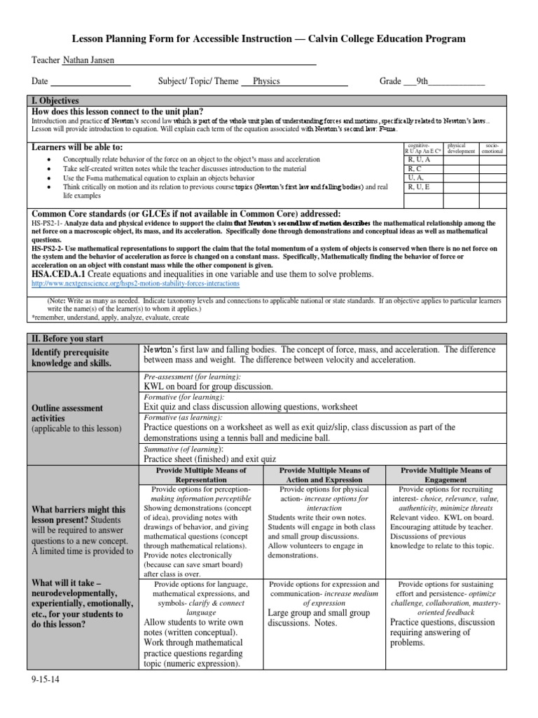 Class 9 Lesson Plan: Newton's Second Law | PDF | Newton's Laws Of ...
